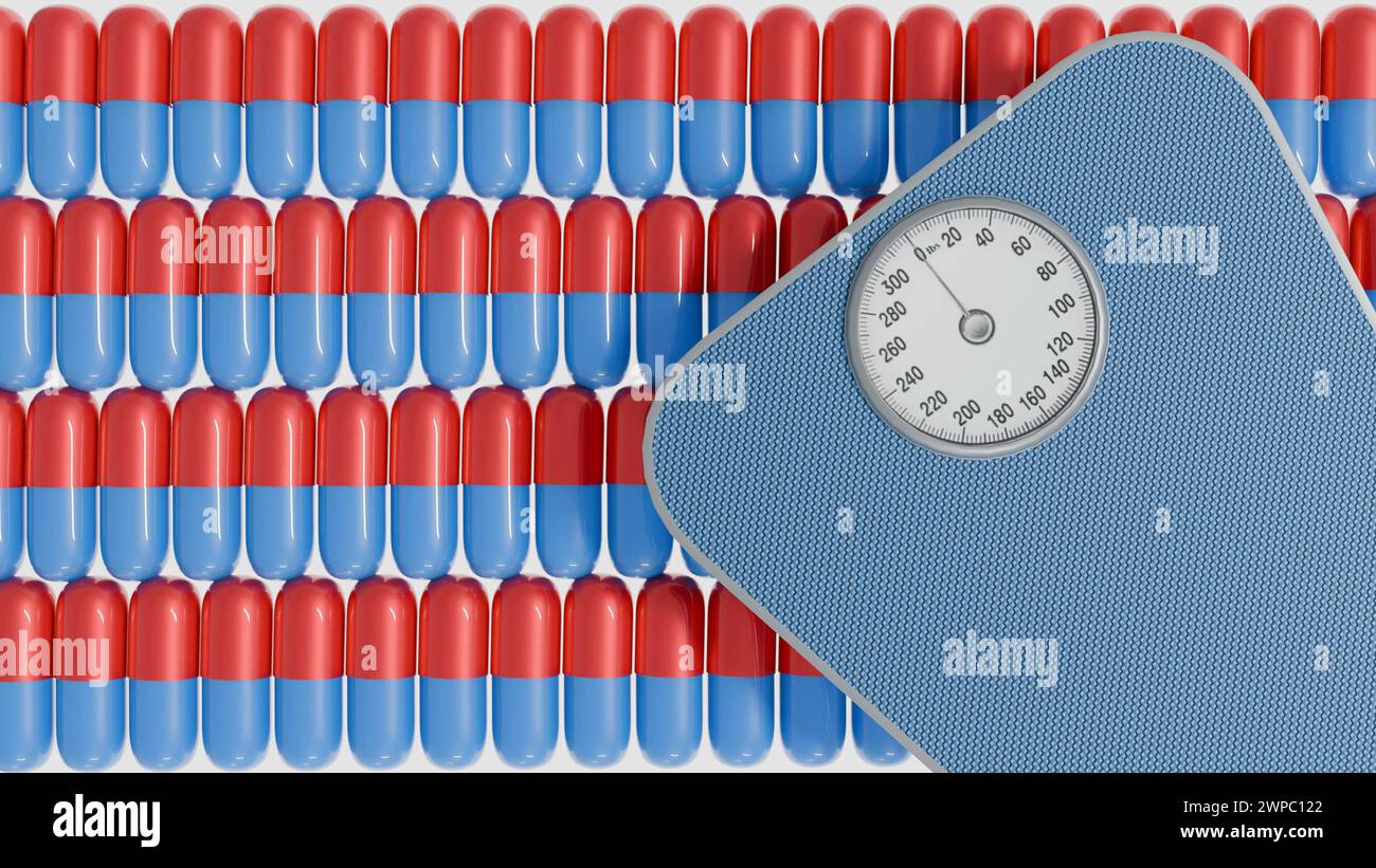 3d rendering of body weighing scale and drug pills Stock Photo - Alamy