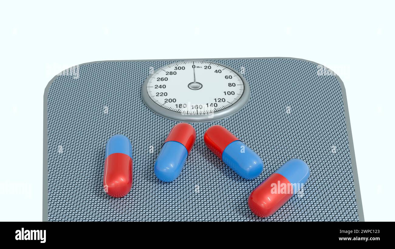 3d rendering of body weighing scale and drug pills Stock Photo - Alamy