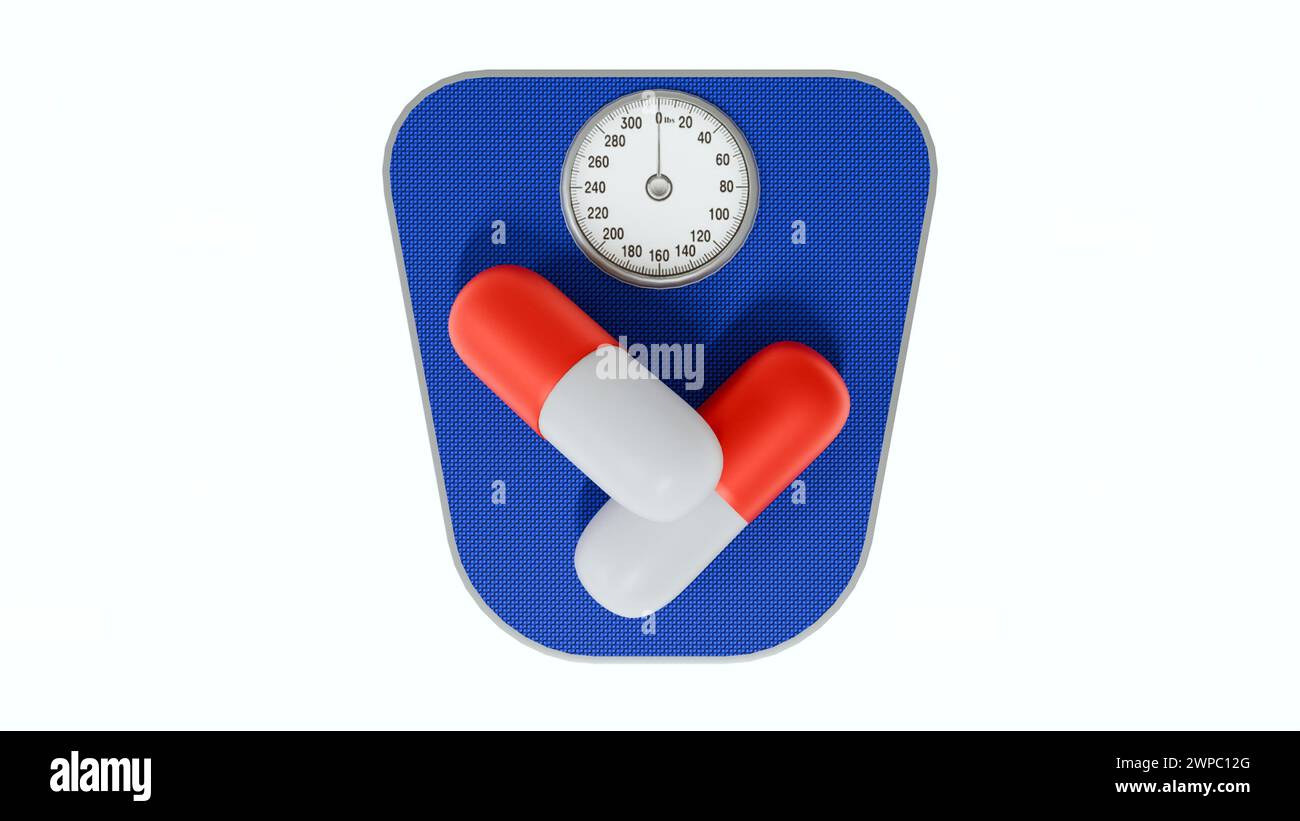 3d rendering of body weighing scale and drug pills Stock Photo - Alamy