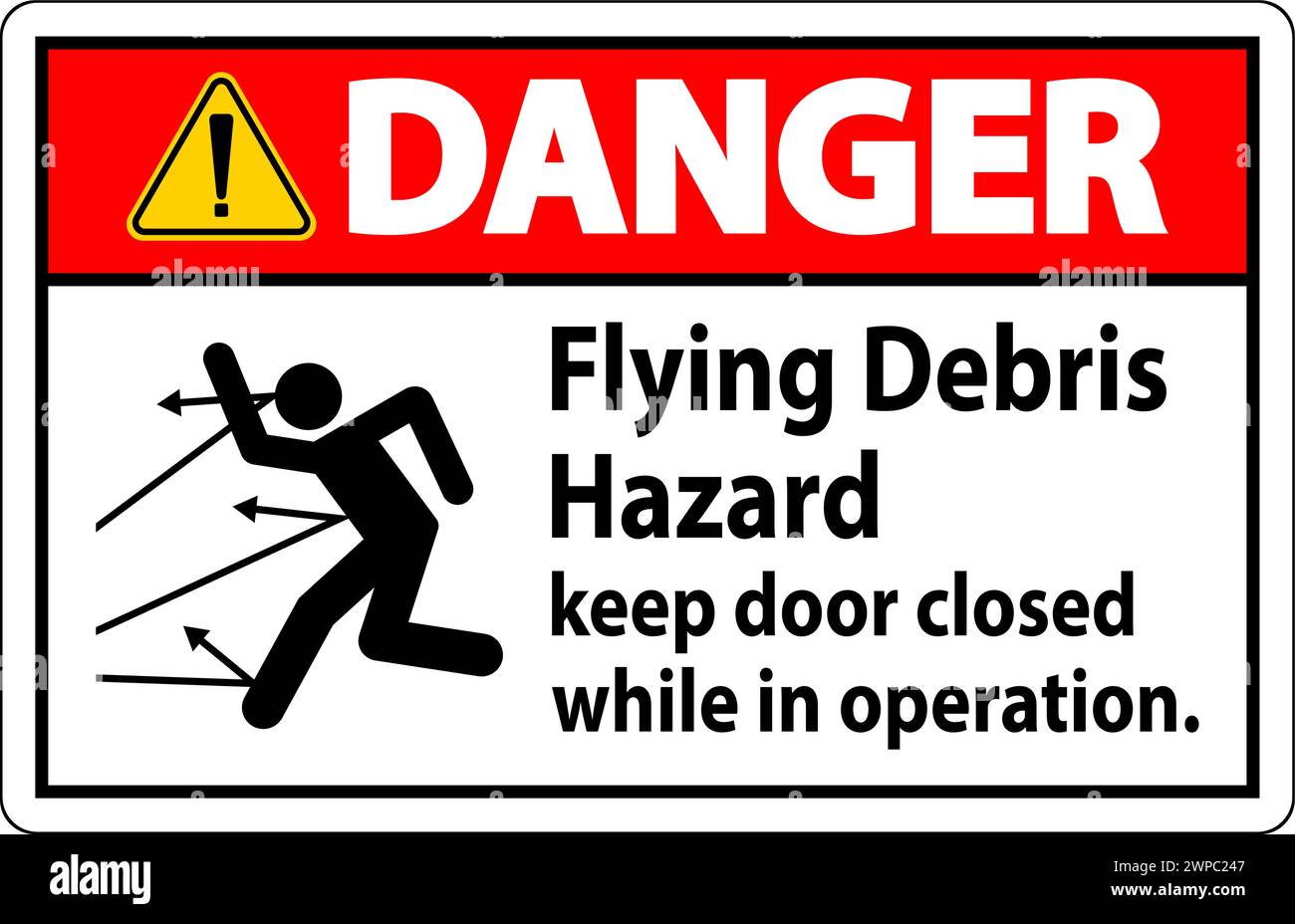 Danger sign indicating the risk of flying debris, advising to keep the ...