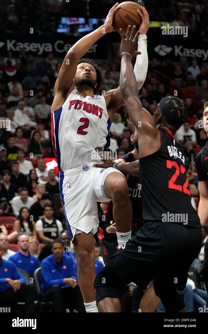 Detroit Pistons guard Cade Cunningham (2) goes to the basket as Miami ...