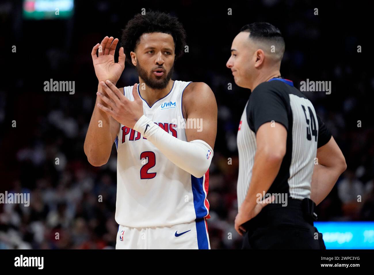 Detroit Pistons guard Cade Cunningham (2) talk with official Ray Acosta ...