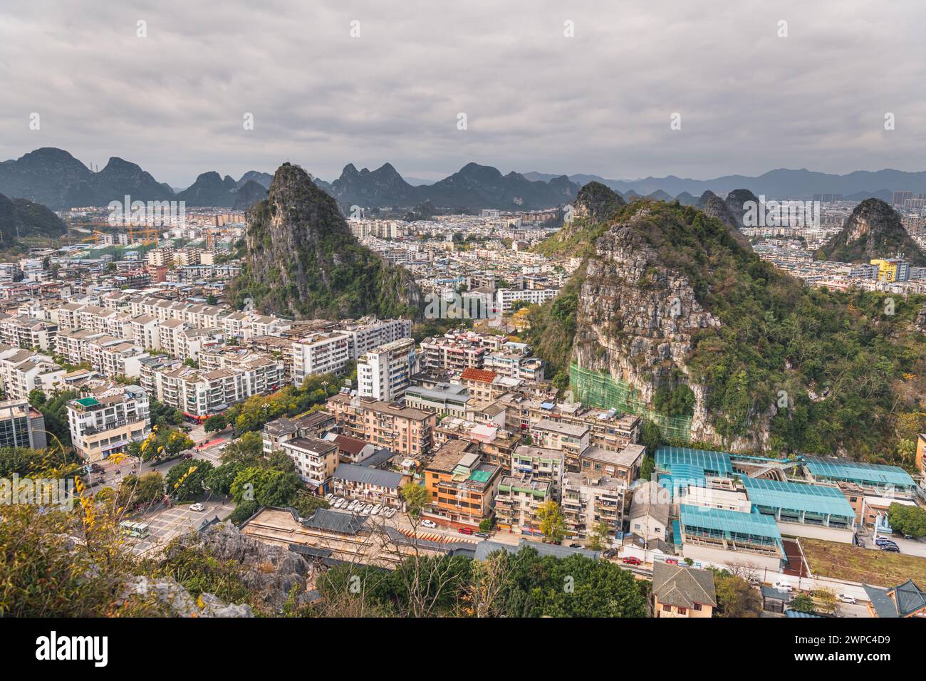 aerial view of Guilin town with sunset glow ,beautiful karst mountain ...