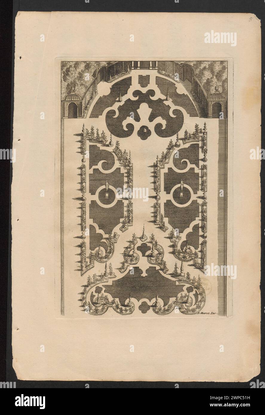 Aerial view of a pavilion with a garden divided into four sections ...