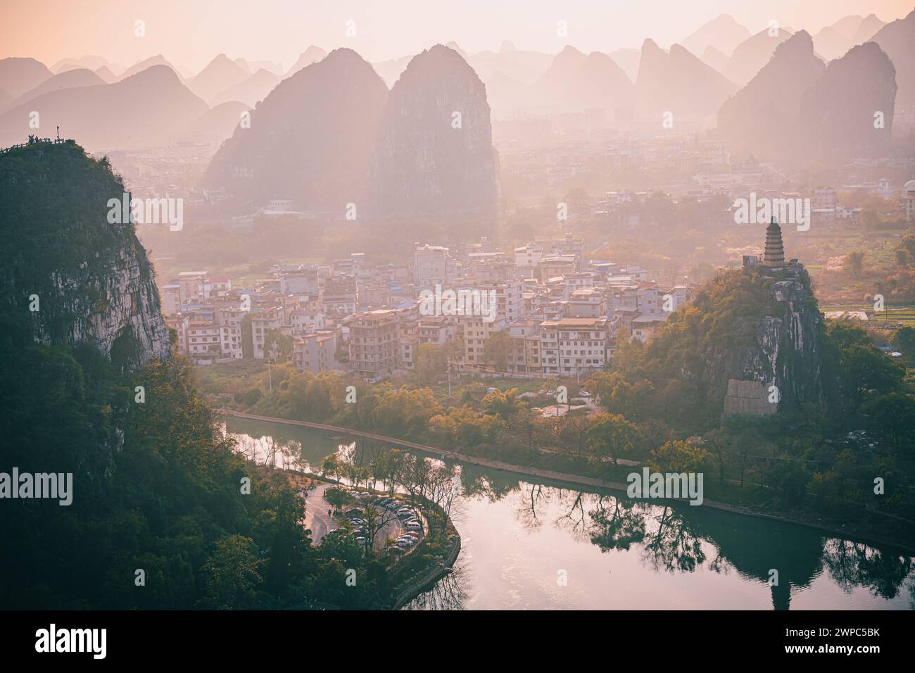 Drone Sunset View of Guilin, Li River and Karst mountains, Guilin city ...