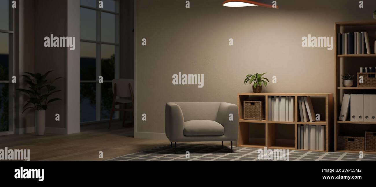 The interior design of a contemporary living room at night with a cosy ...