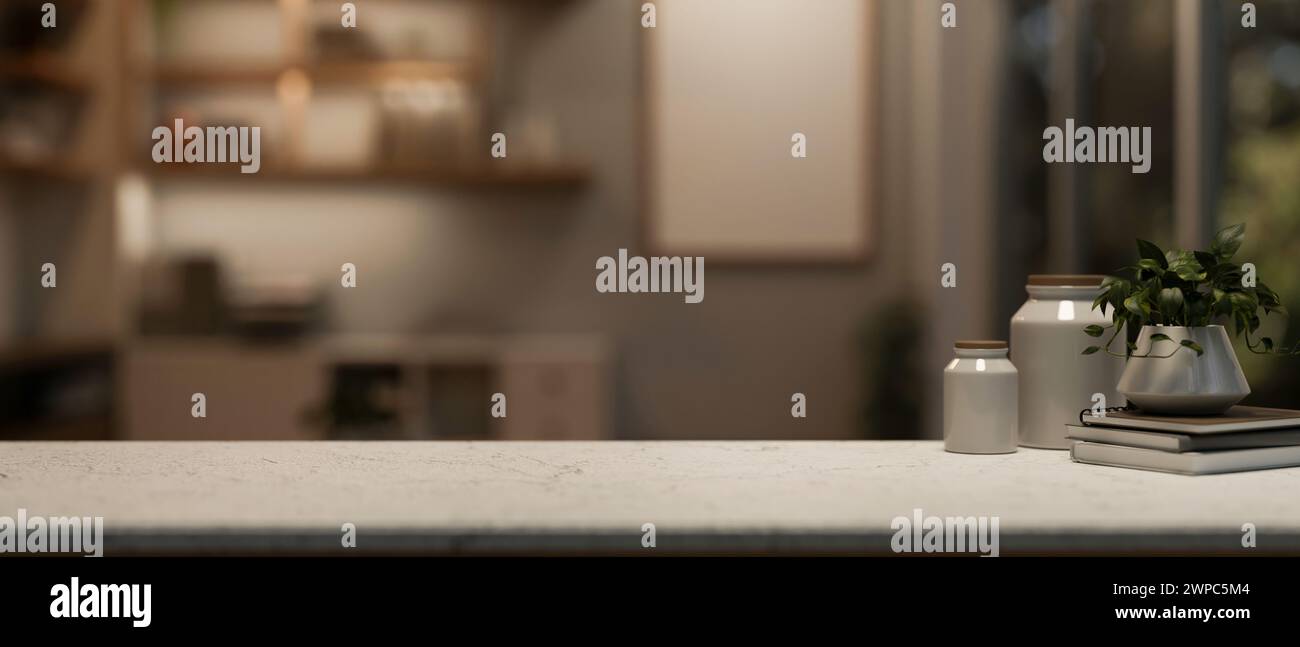 A tabletop features books and decor with a blurred background of a ...