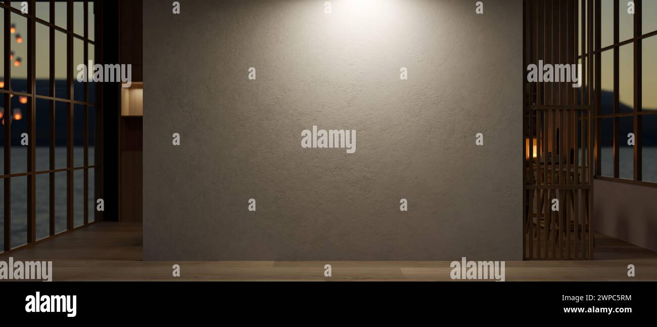 An empty white cement wall with dim light in a modern, luxurious ...