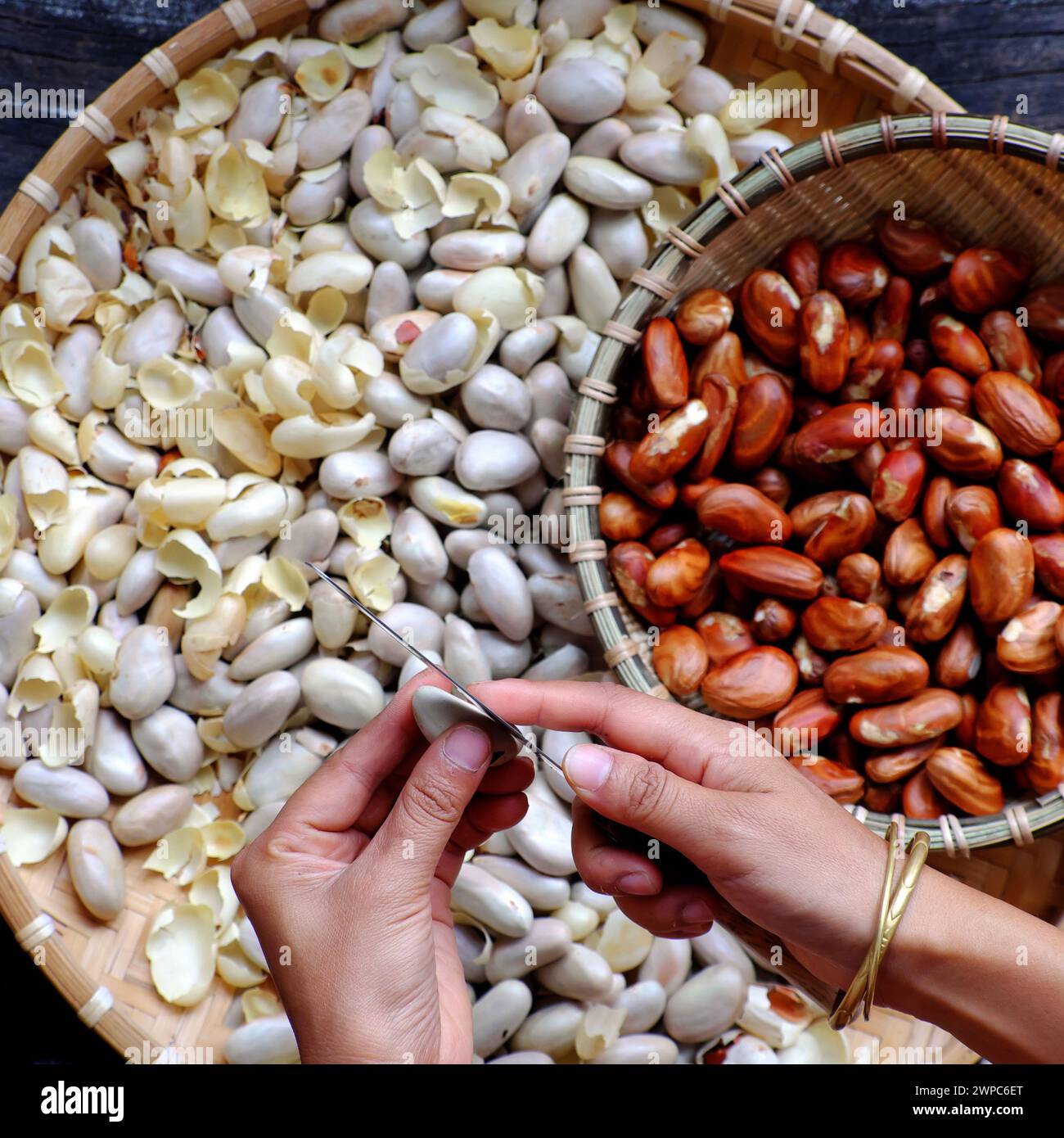 Top view basket of jackfruit seeds, woman hand hold fruit seed on raw ...