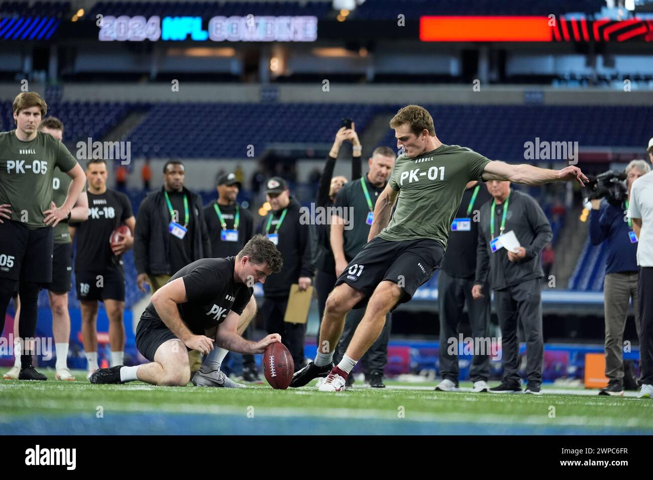 Stanford kicker Joshua Karty runs a drill at the NFL football scouting ...
