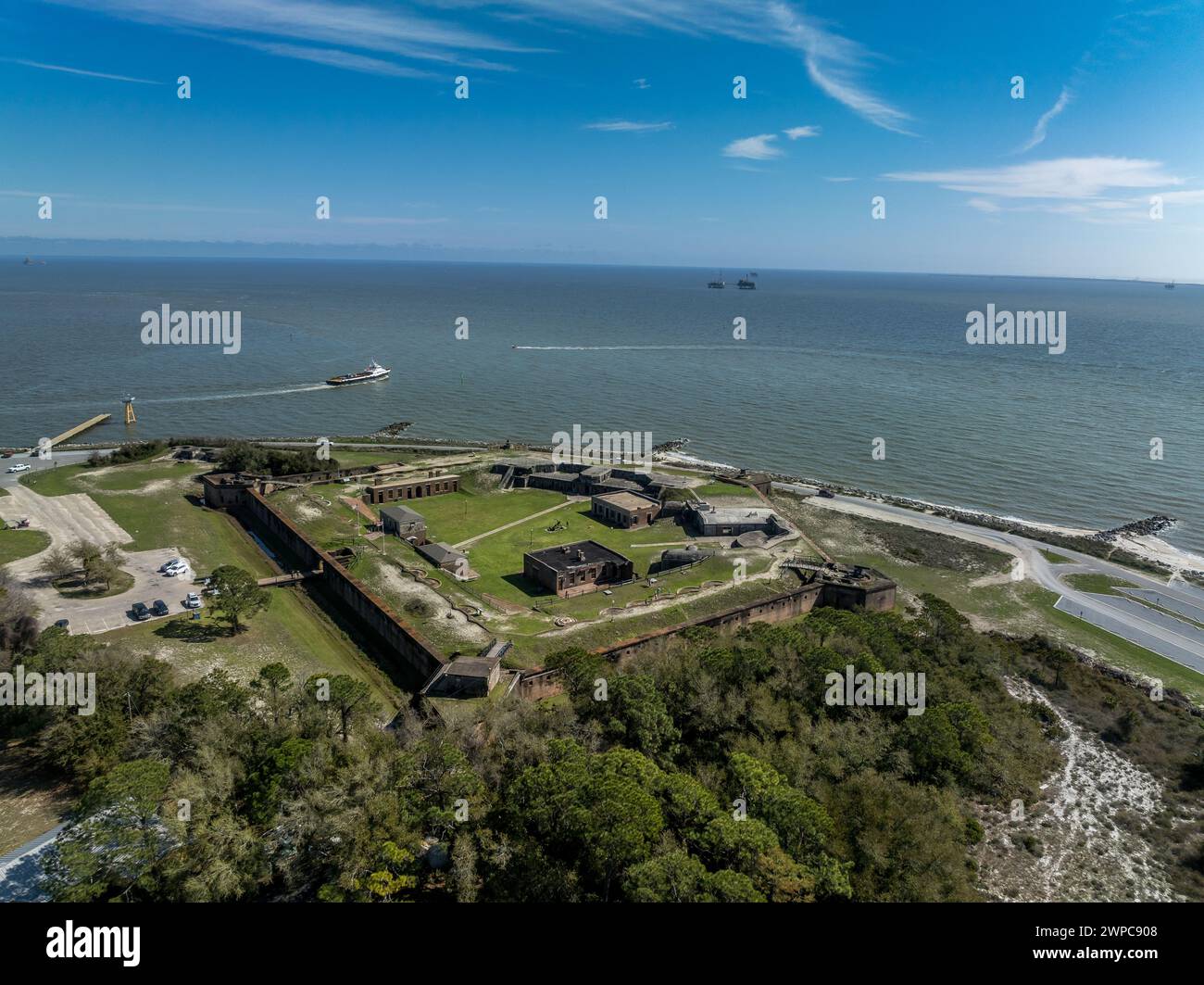 Aerial view Fort Gaines on Dauphin Island military installation with ...