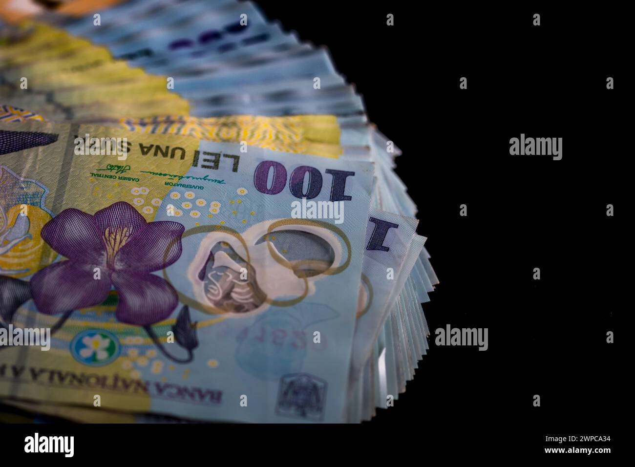 LEI money banknotes, detail photo of RON. Romanian currency Stock Photo ...