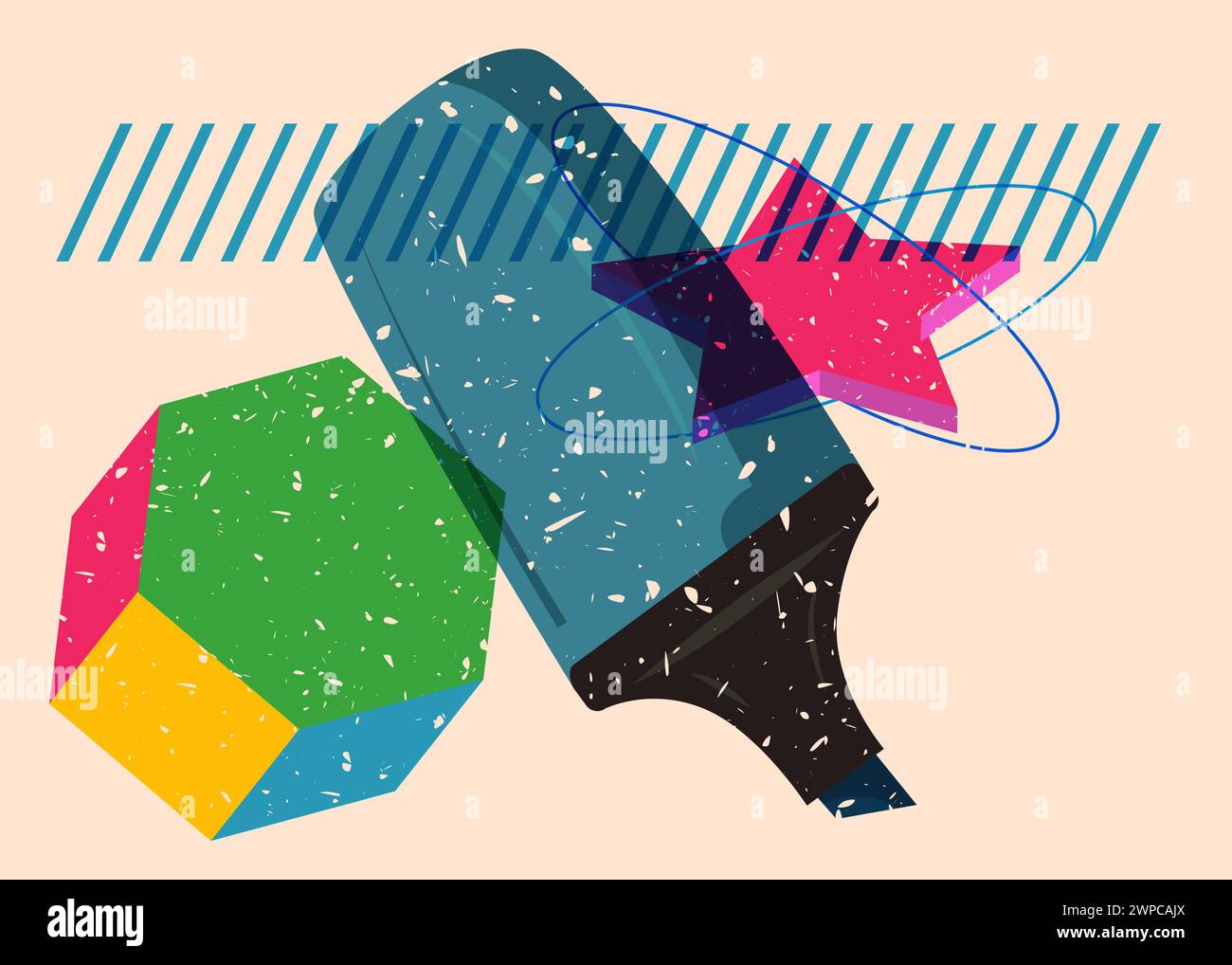 Risograph Felt Tip Pen with geometric shapes. Objects in trendy riso ...