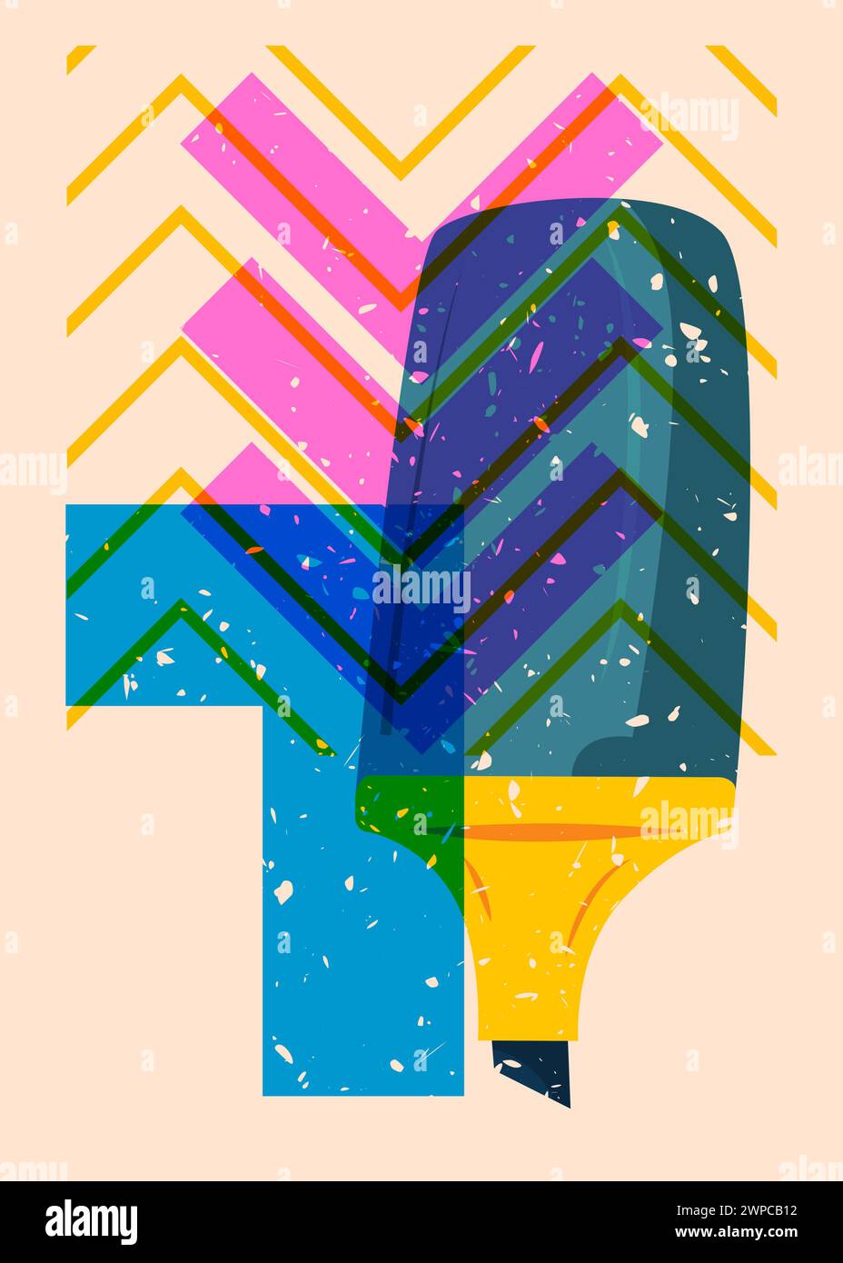 Risograph Felt Tip Pen with geometric shapes. Objects in trendy riso graph print texture style ...