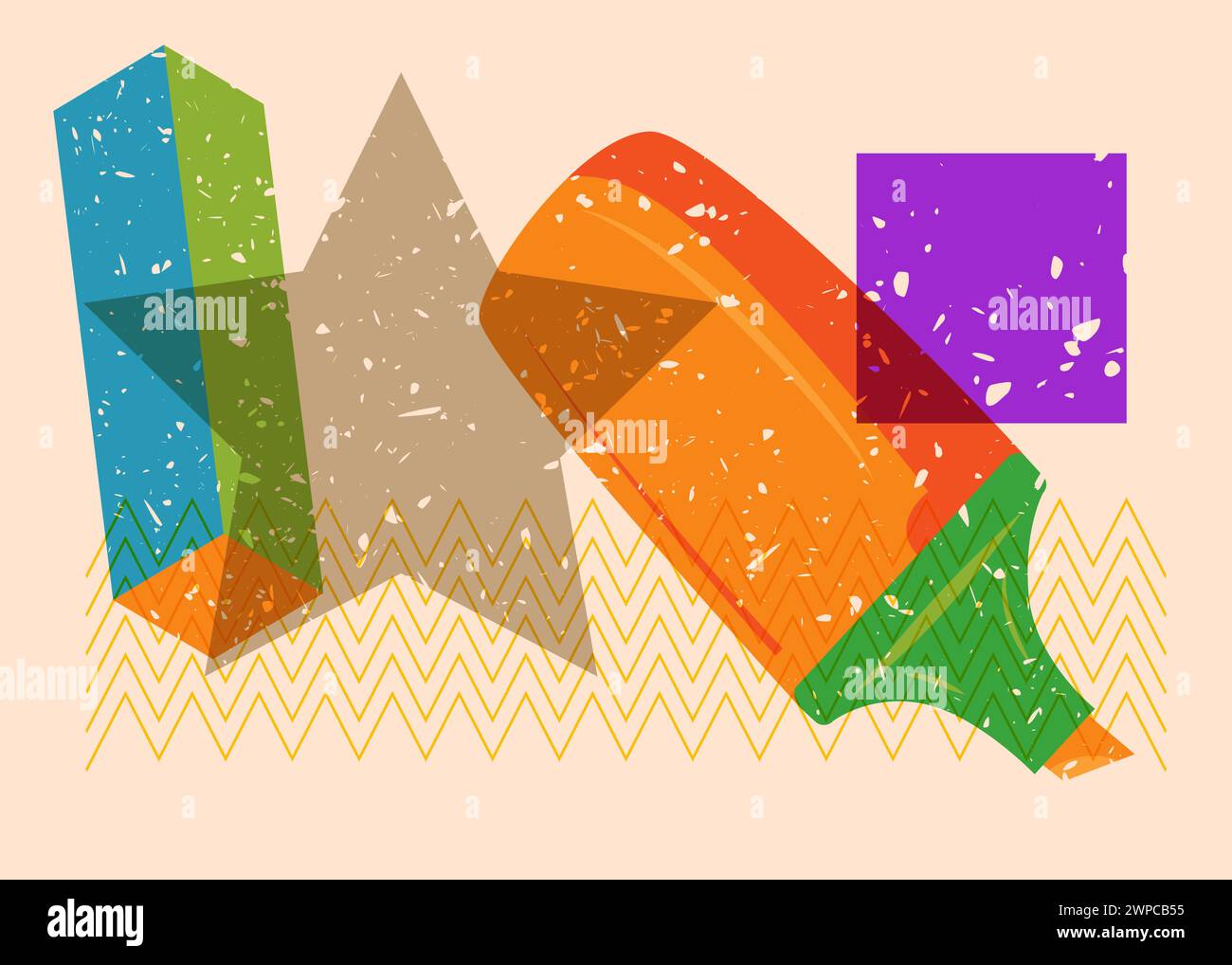Risograph Felt Tip Pen with geometric shapes. Objects in trendy riso graph print texture style ...