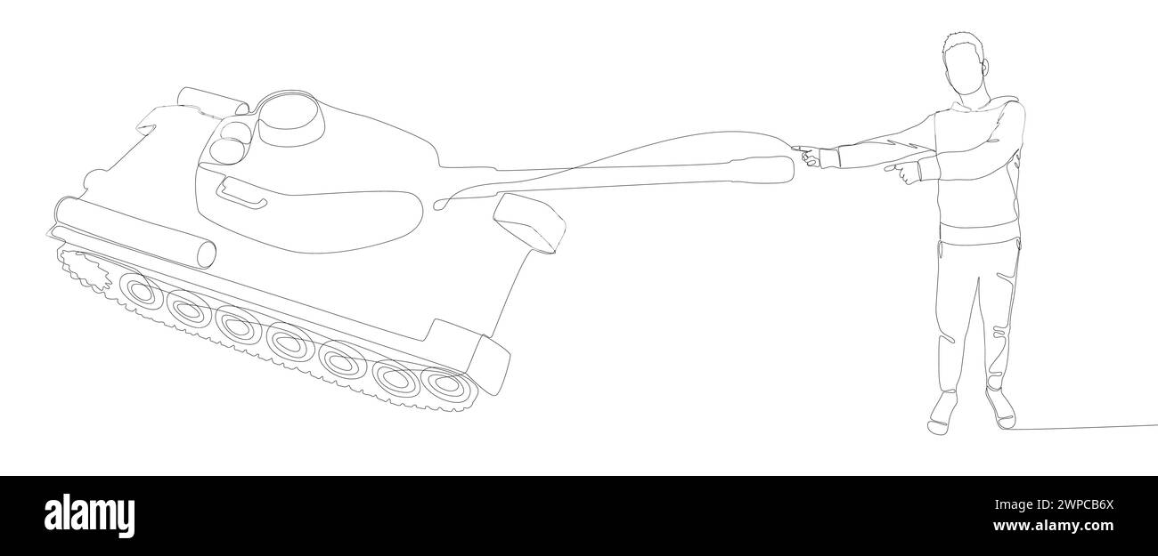 One Continuous Line Of Man Pointing With Finger At Armored Tank Thin Line Illustration Vector