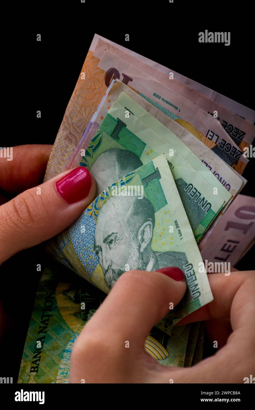 LEI money banknotes, detail photo of RON. Romanian currency Stock Photo ...