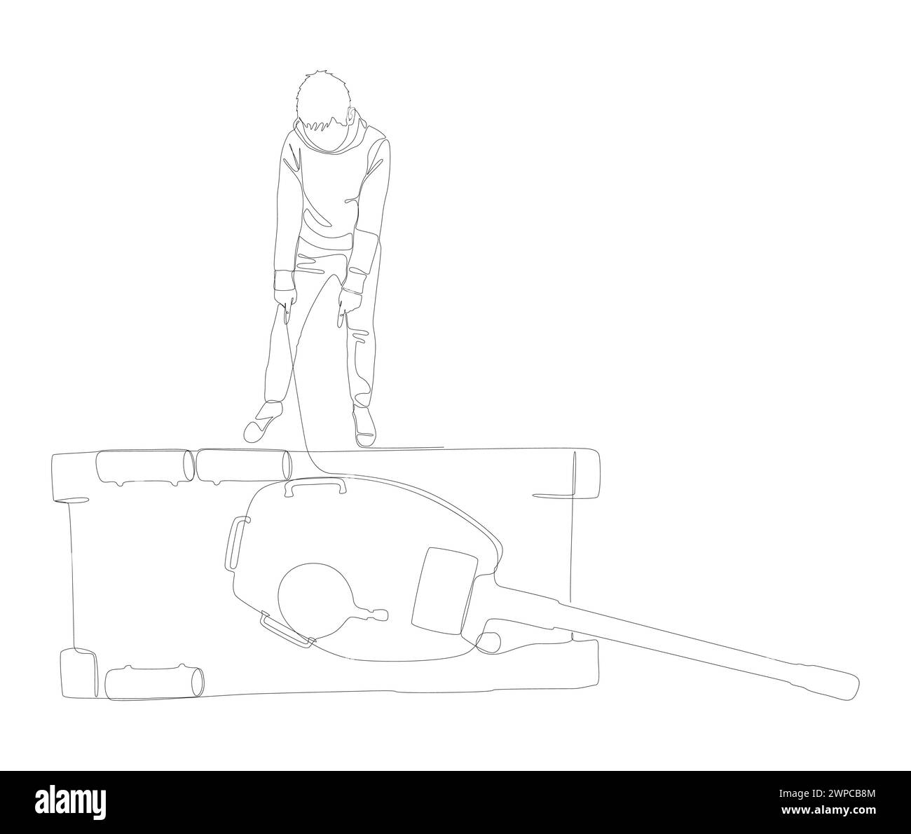 One continuous line of Man pointing with finger at Armored Tank. Thin ...