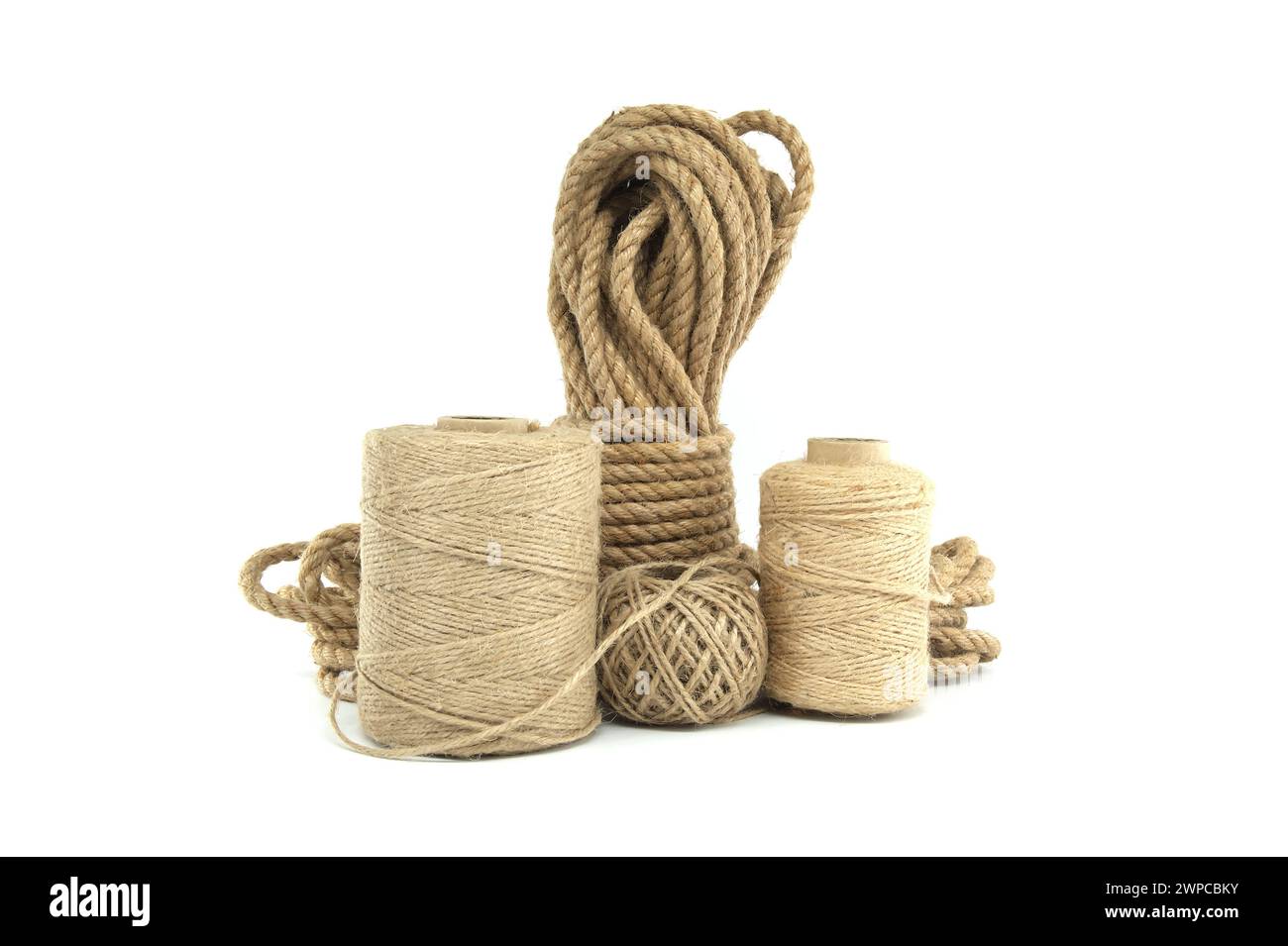 Collection of jute ropes and twines isolated on white background Stock ...
