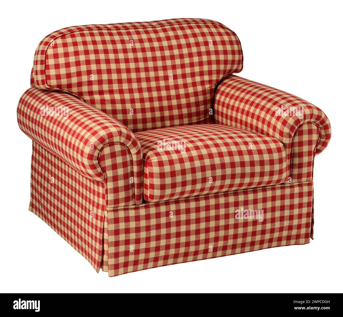 Upholstered arm chair red check pattern back view with clipping path ...