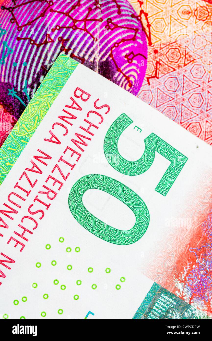 CHF money banknotes, detail photo of swiss franc. Swiss Franc currency ...