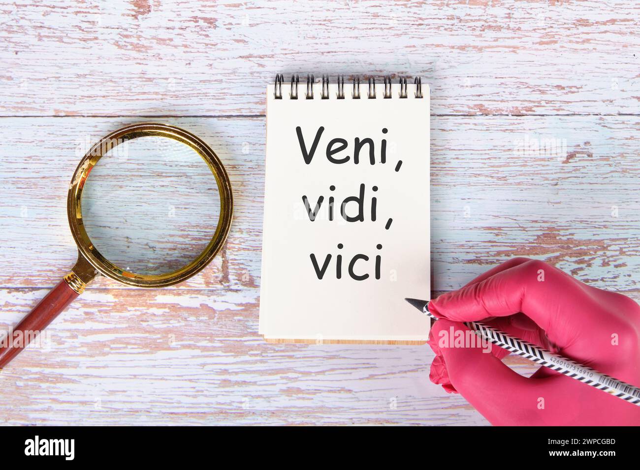 Latin Veni Vidi Vici (I came, I saw, I won) written in pencil on a ...