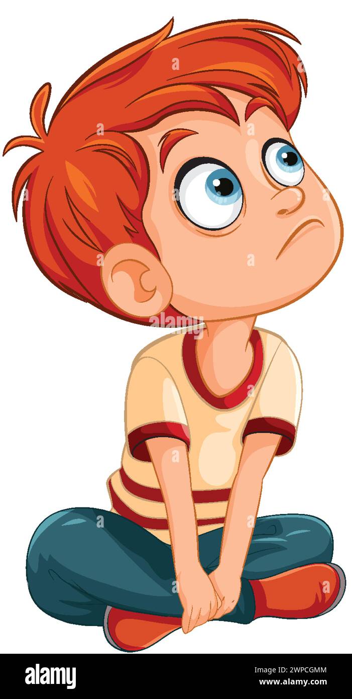 Cartoon boy sitting down, looking up thoughtfully Stock Vector Image ...