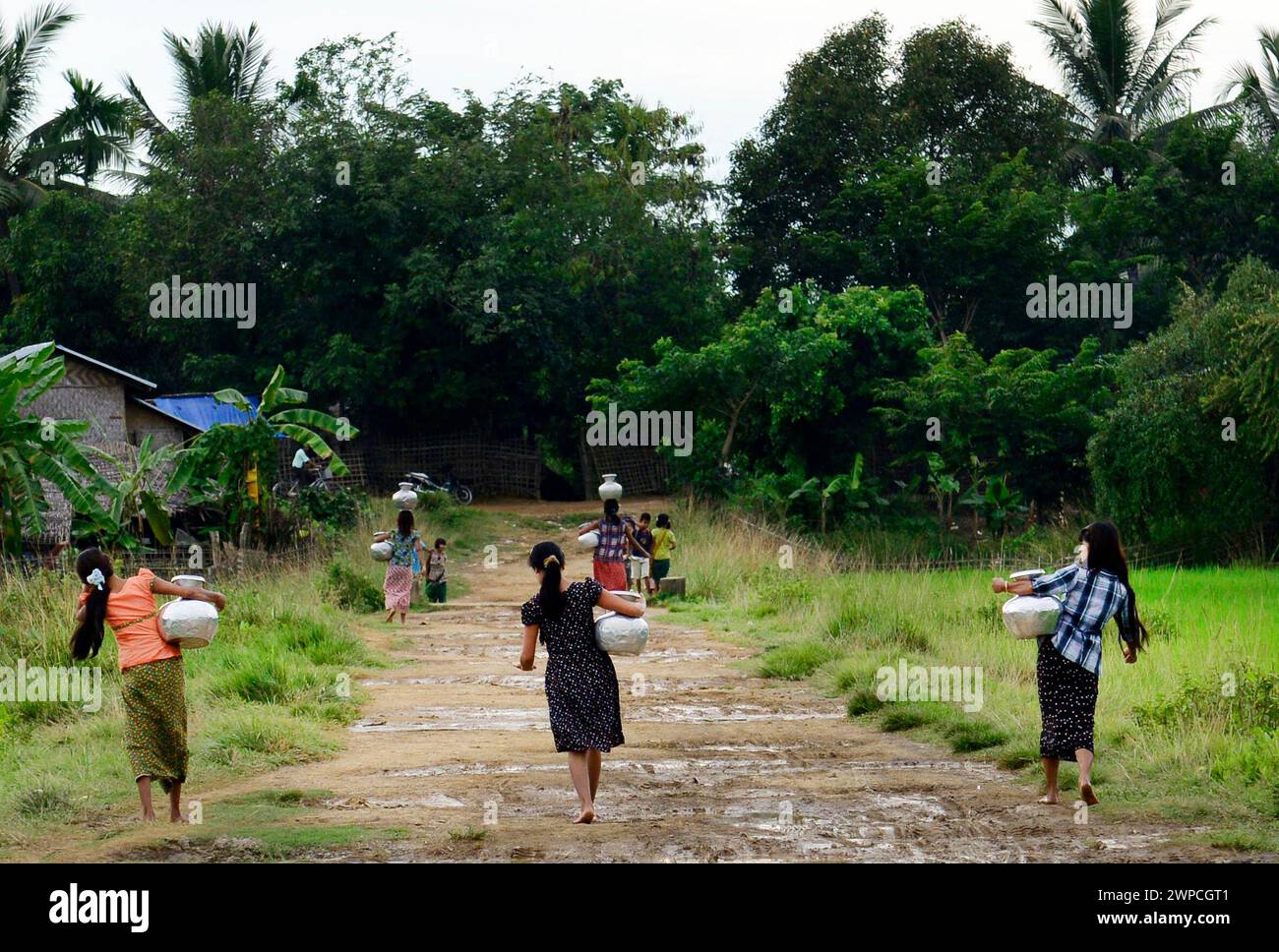 Young Arakanese girls carrying water jugs back to their village in ...