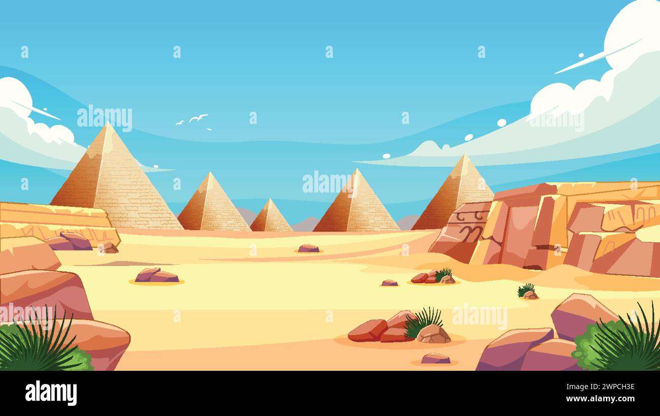 Cartoon illustration of desert with ancient pyramids Stock Vector Image ...