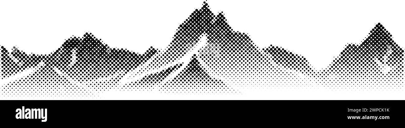 Black halftone mountain range illustration. Grunge textured landscape ...