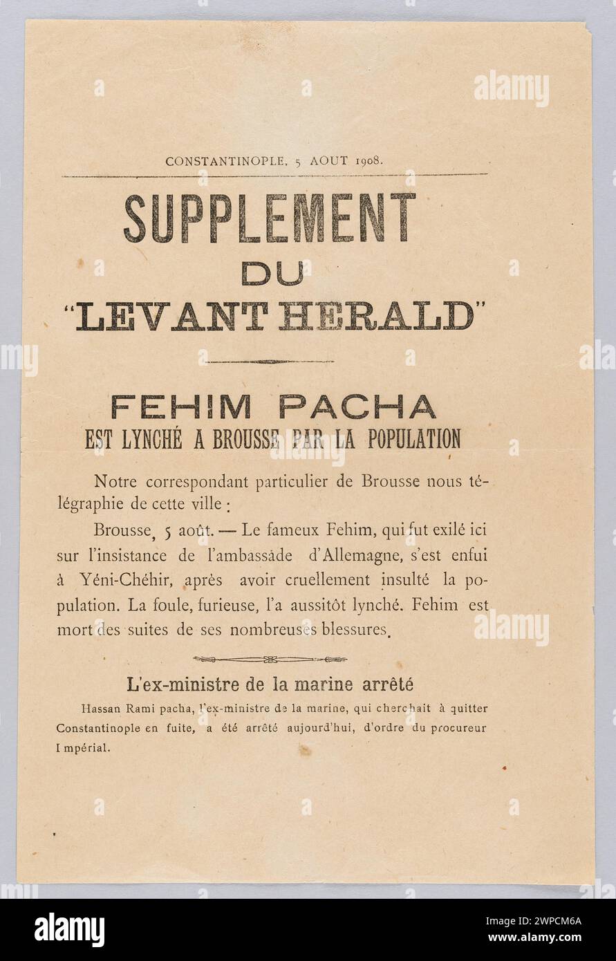 Newspaper supplement from 5 August 1908 covering the murder of Fehim ...