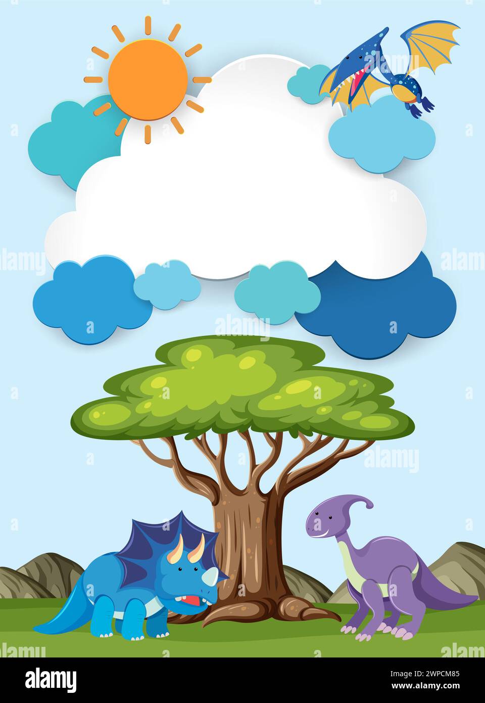 Colorful dinosaurs under a tree with a flying dragon Stock Vector Image ...