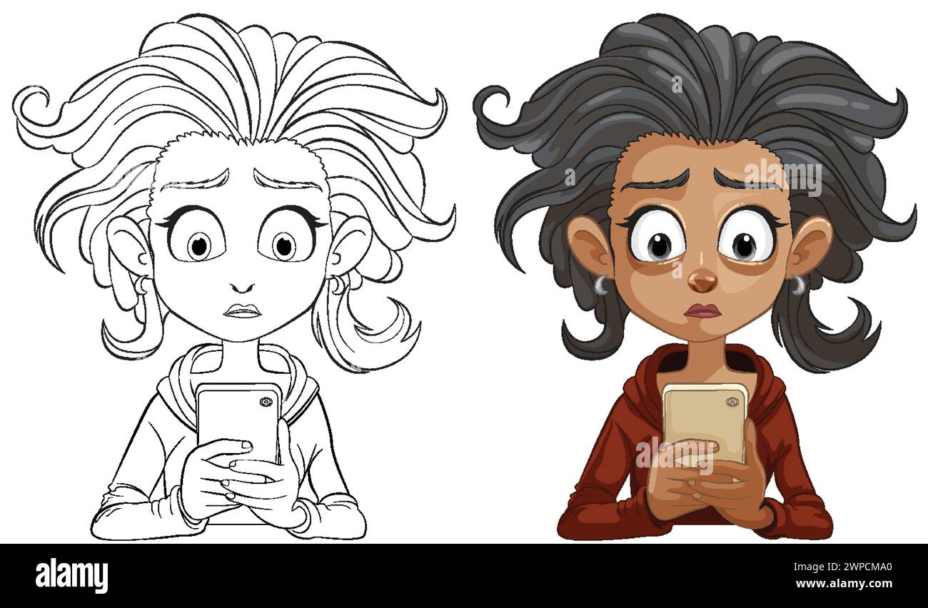 Color and line art of a girl shocked by phone content Stock Vector ...