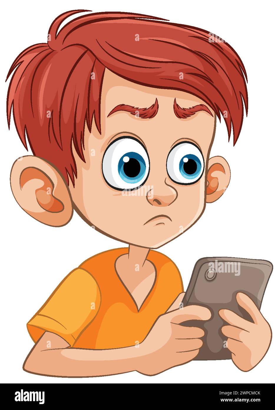 Cartoon of a young boy looking at phone anxiously Stock Vector Image ...