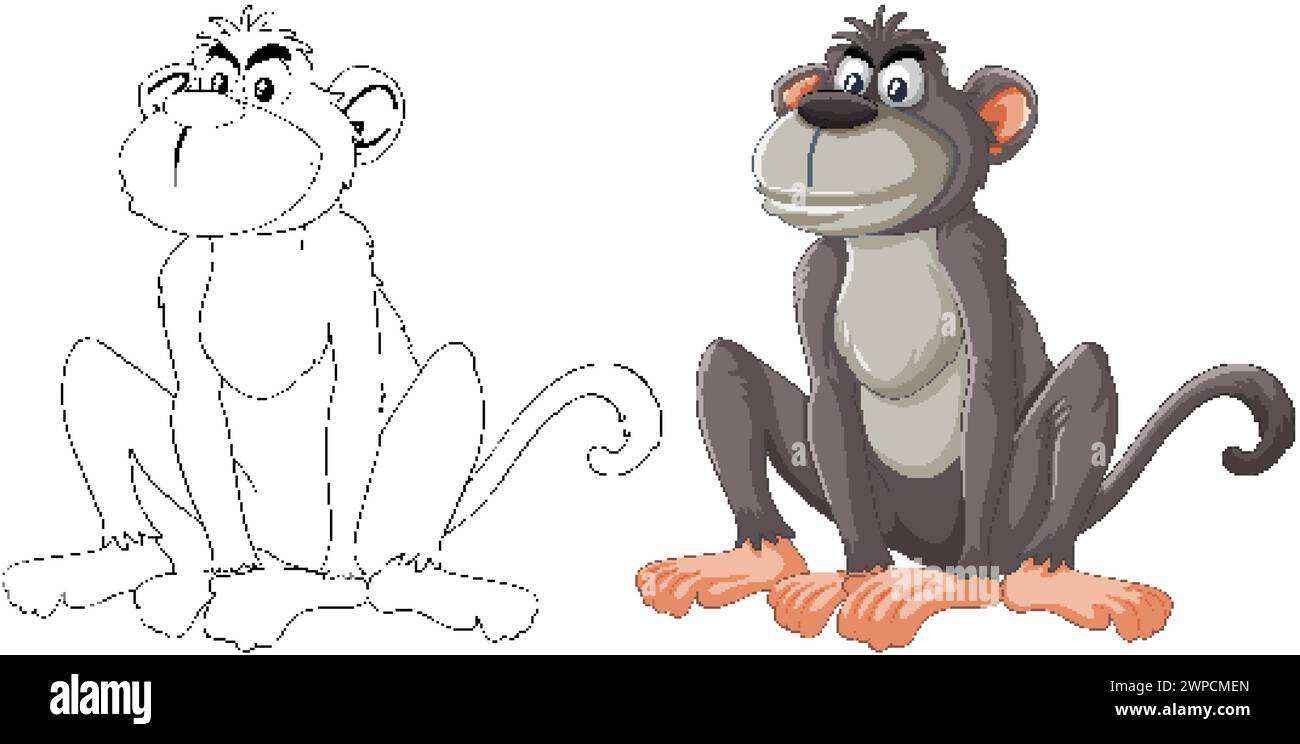 Two monkeys depicted from black and white to color Stock Vector Image ...