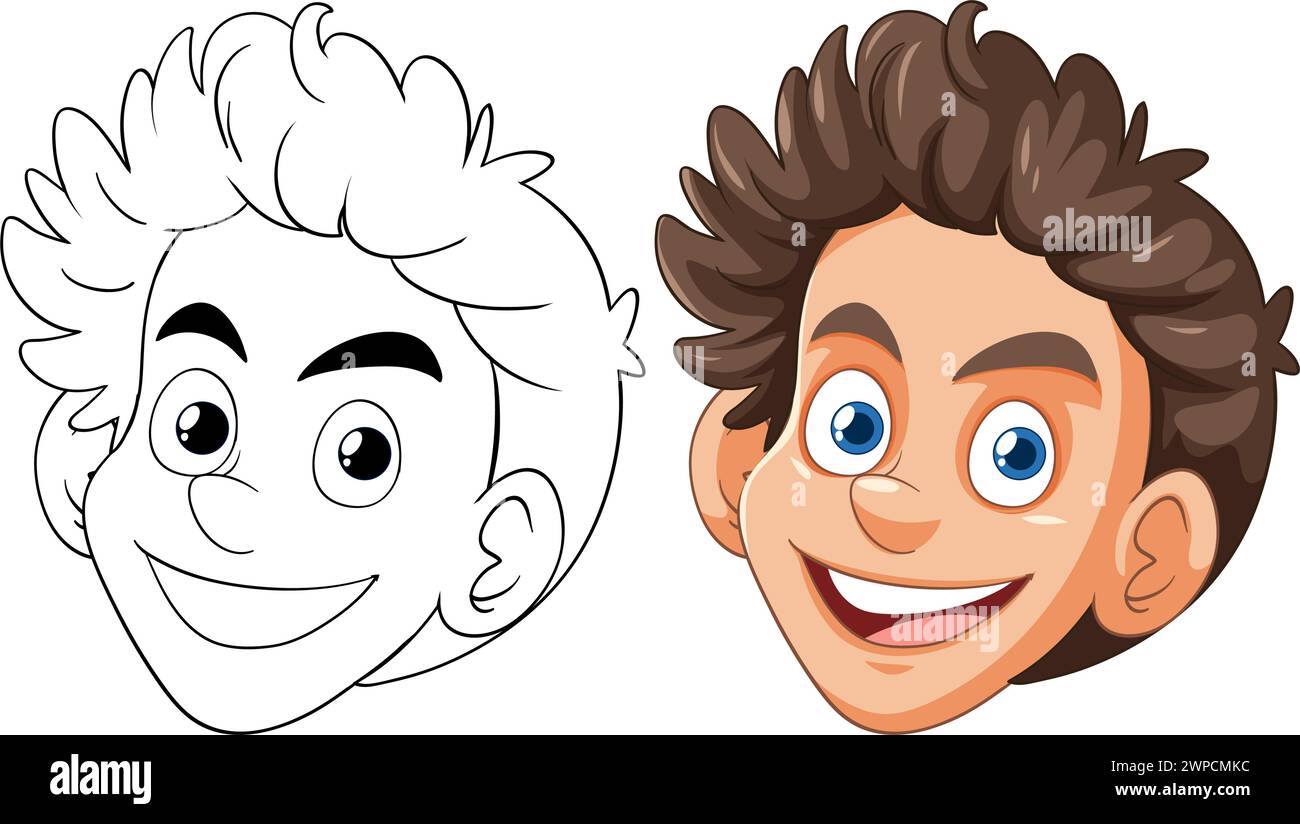 Two happy cartoon faces, one colored, one outlined Stock Vector Image ...