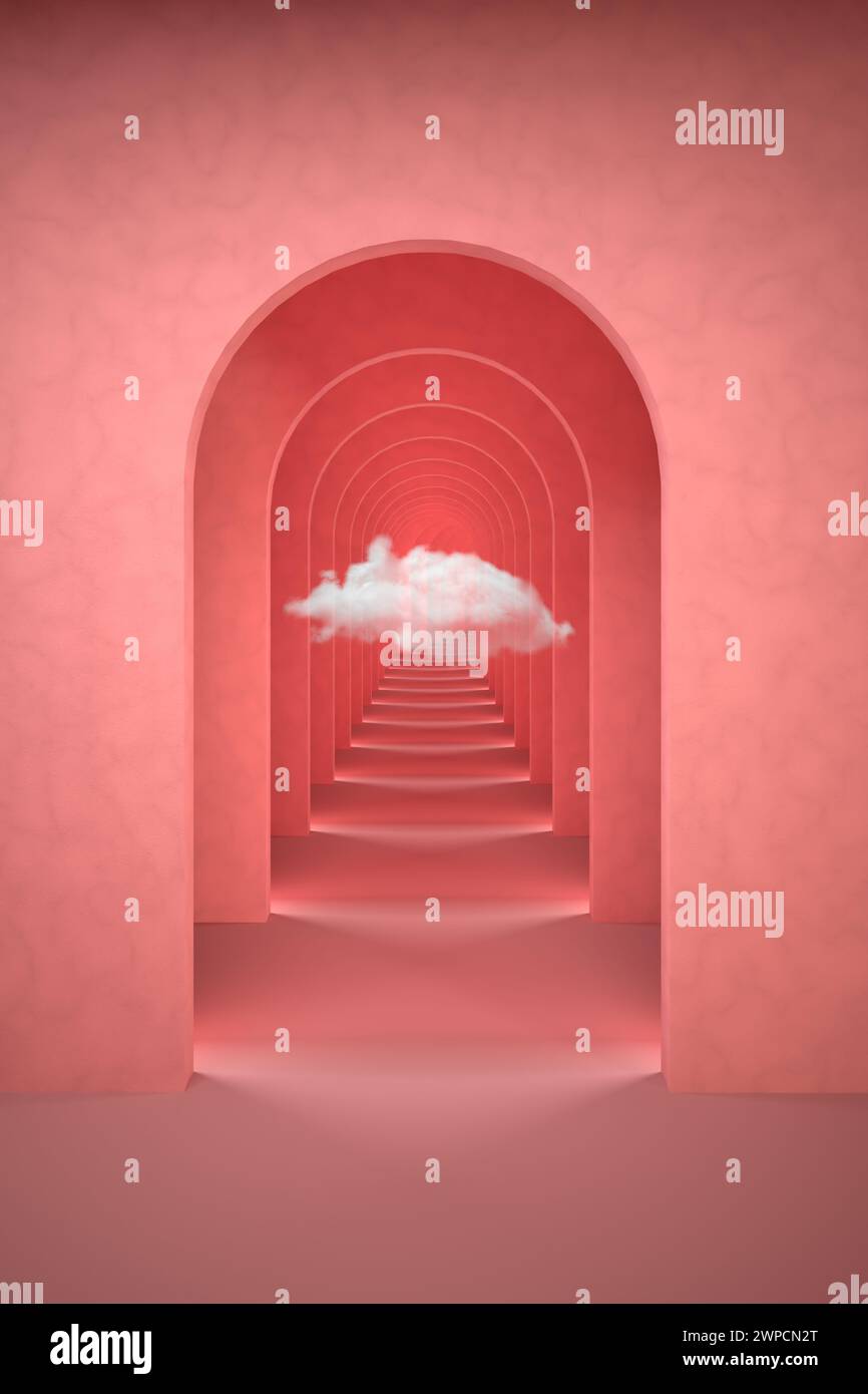 Abstract pink surreal 3d render with white cloud. Arch corridor pastel ...
