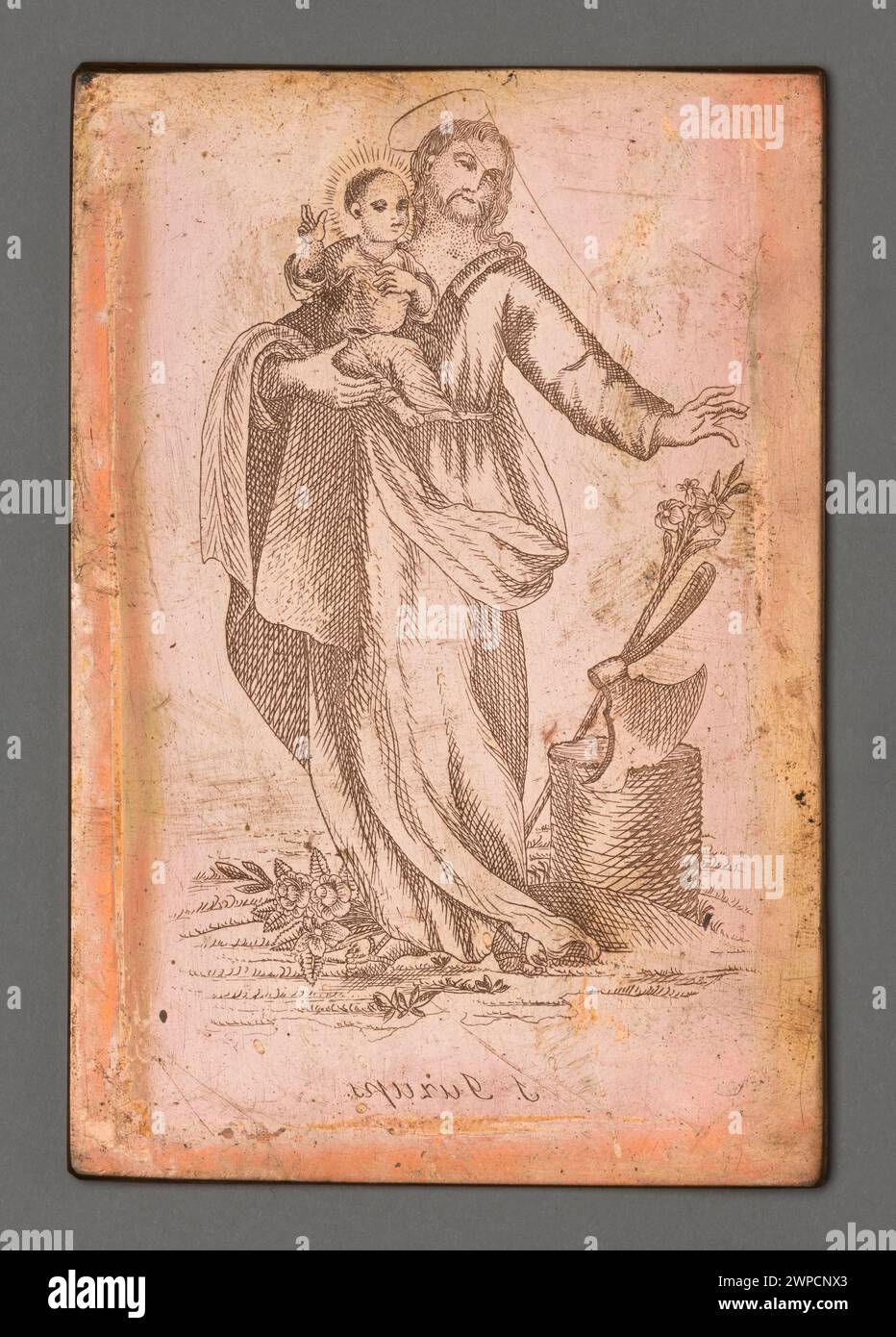 Religious painting of Saint Joseph holding the infant Jesus, created by ...