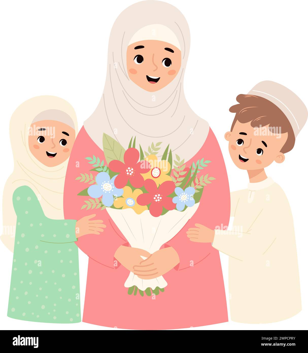 Happy islamic family. Cute muslim woman mother in hijab with her children son and daughter with ...