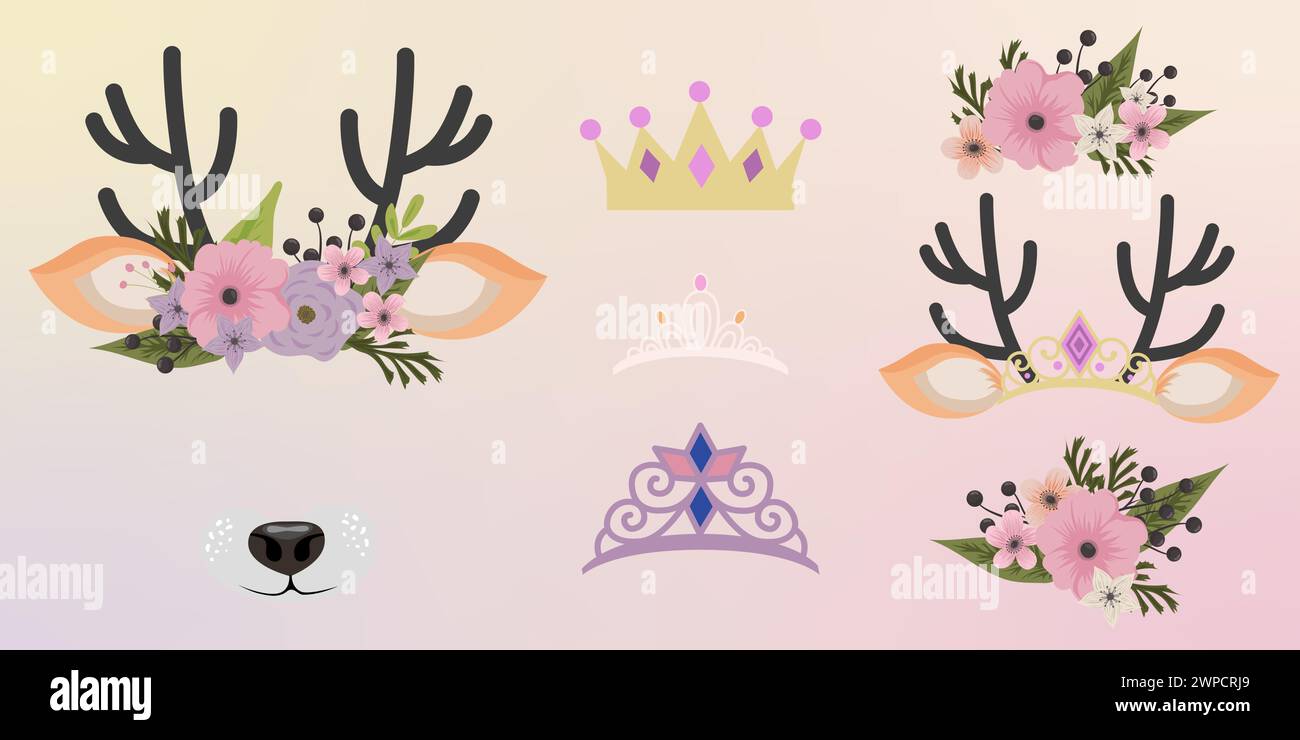 Deer face elements set cartoon flat design ears and noses vector ...