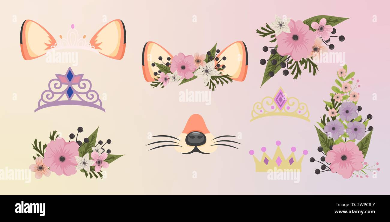 Fox face elements set cartoon flat design ears and noses vector ...