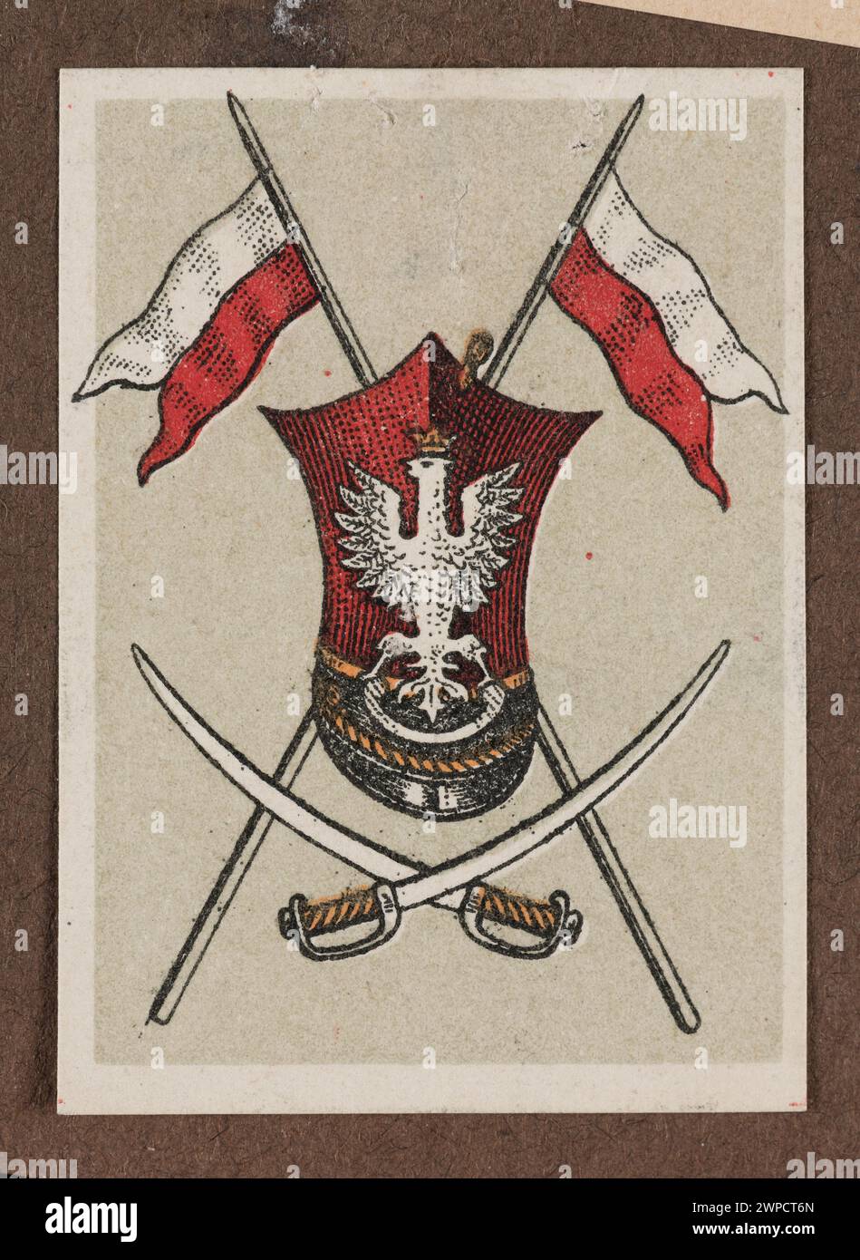 Print showing two crossed white and red flags, two sabers, and a Uhlan ...