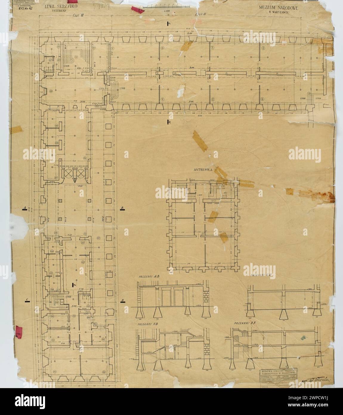Horizontal and mezzanine projections with cross-sections of left wing ...