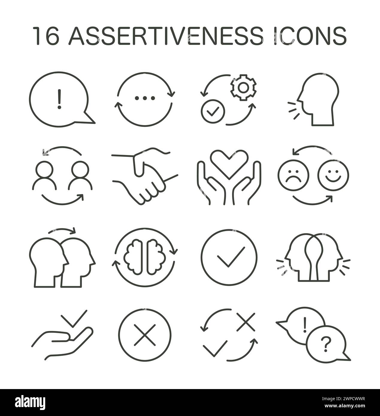 Assertiveness icon set. Articulate self-expression and clear ...