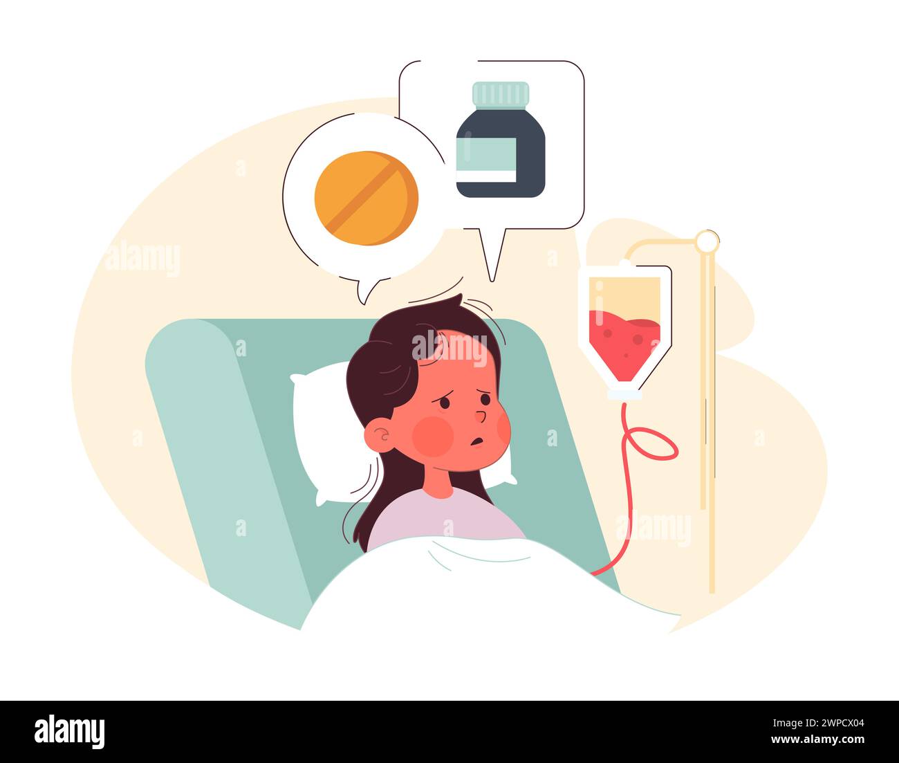 Ill little girl lying in hospital ward bed. Neglected child struggling ...