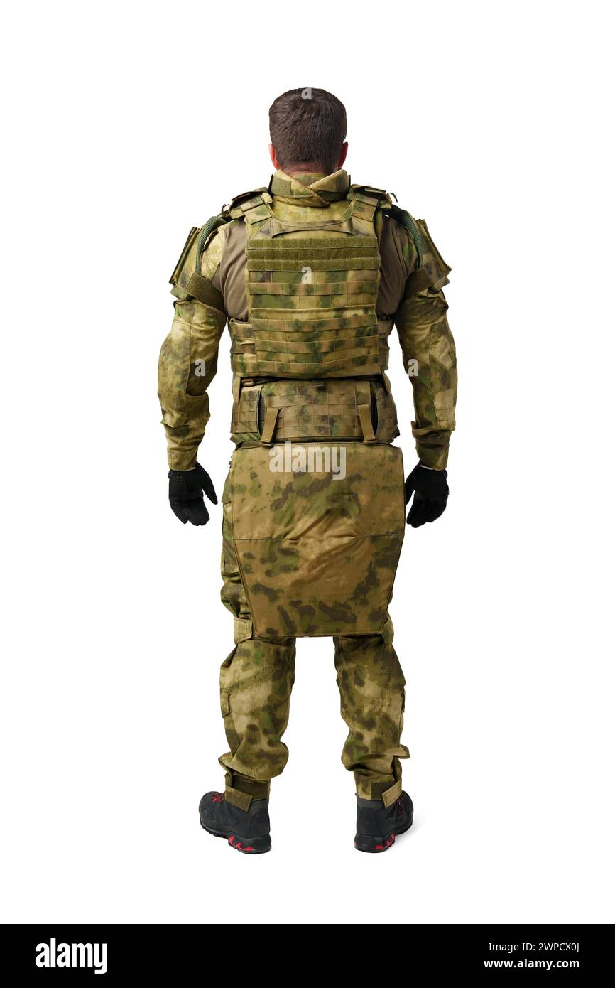 Back view of male soldier in military uniform isolated on white ...