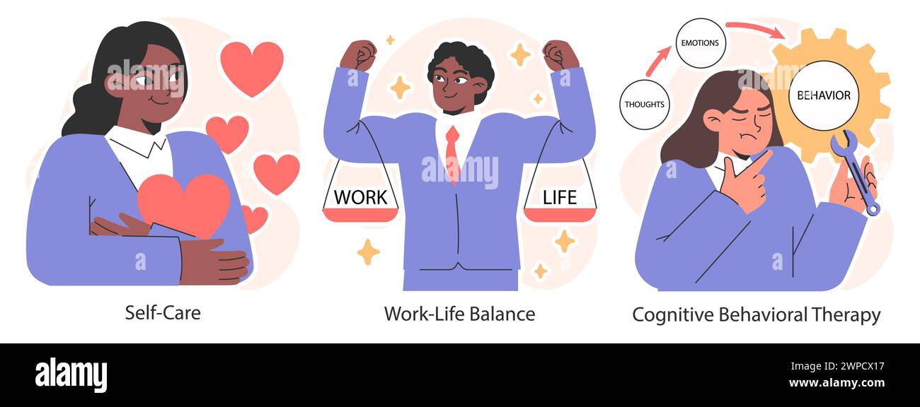 Stress management set. Diverse office characters work burnout. Employee ...