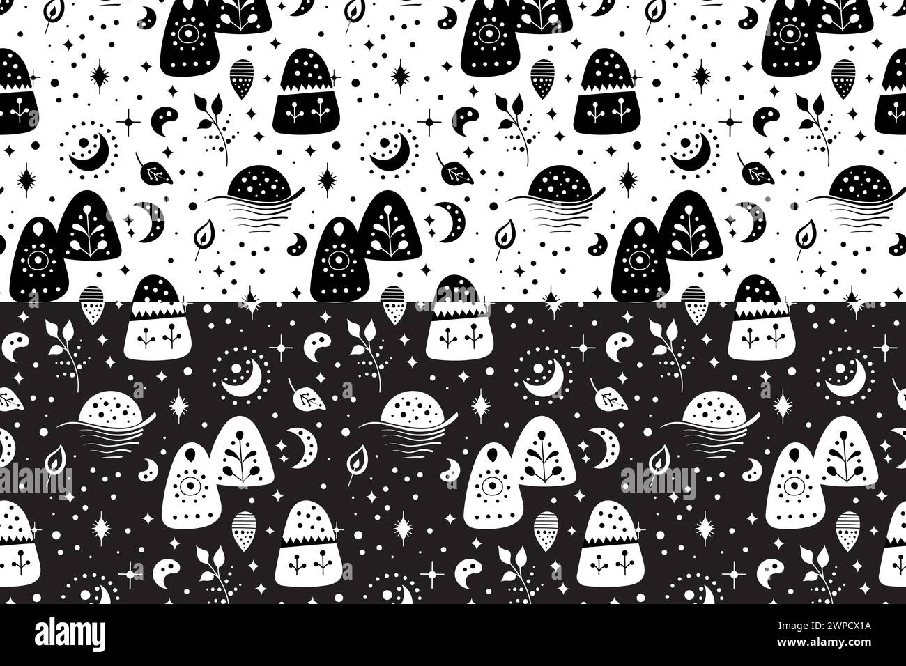 Seamless neo folk art vector pattern with mountains, moon and flowers ...