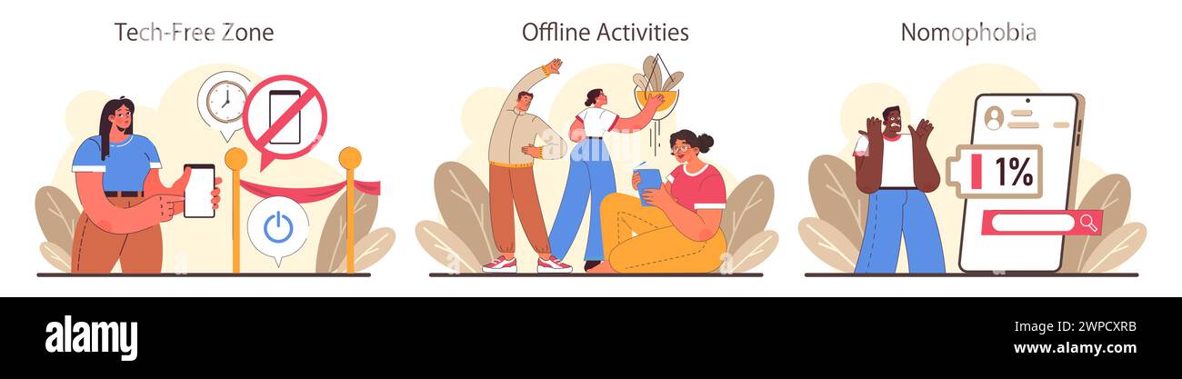 Digital detox set. Characters practicing mindfulness, reducing screen ...