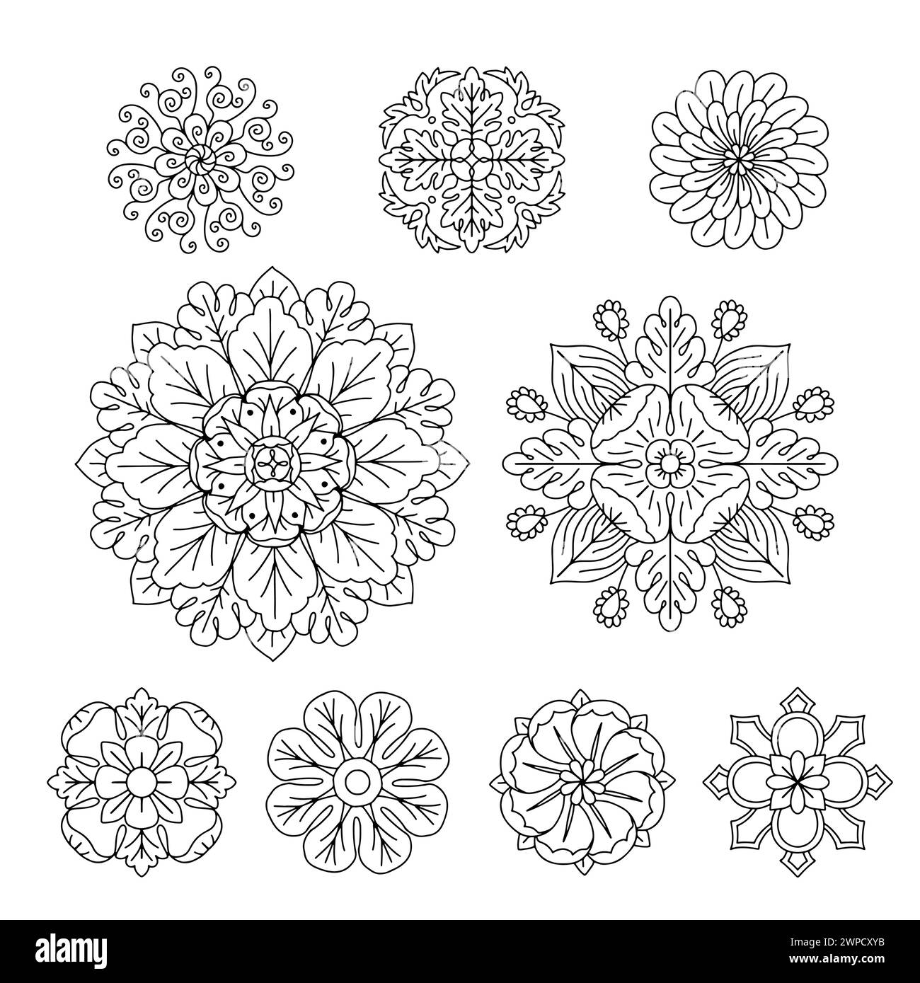 Hand drawn black linear classic floral rosette motifs set Stock Vector ...